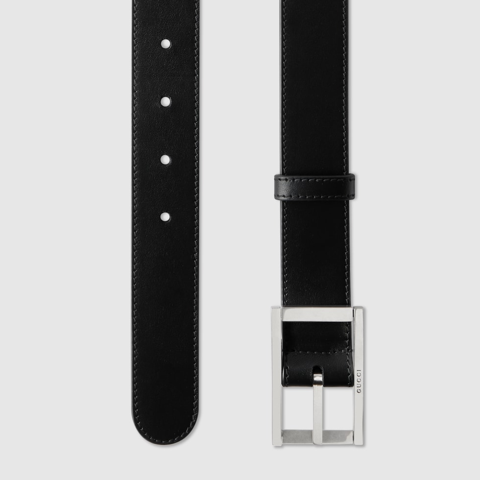 Belt with rectangular buckle in black leather | GUCCI® GR