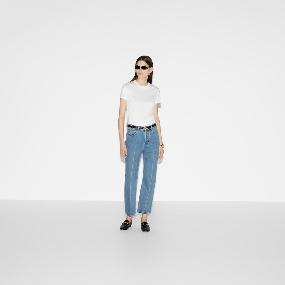 Embroidered cotton jersey T-shirt in white | GUCCI® SG