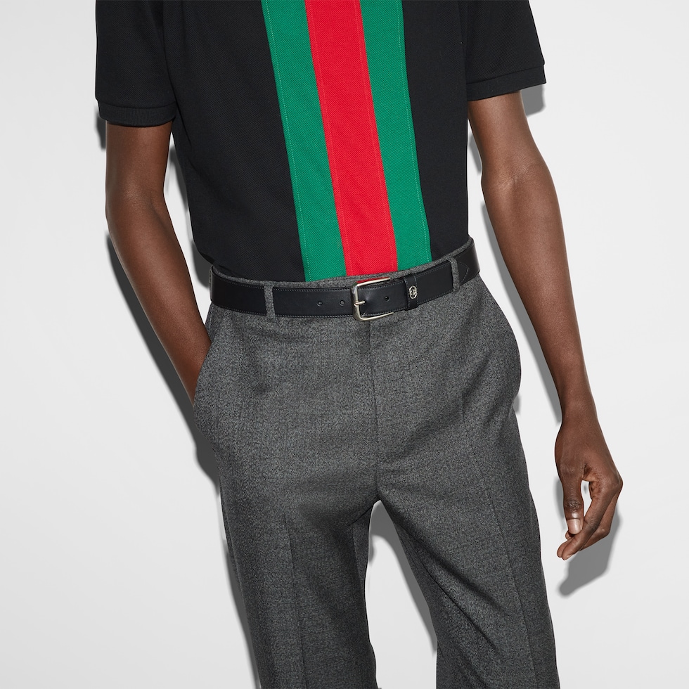 Belt with Interlocking G detail in black leather | GUCCI® US