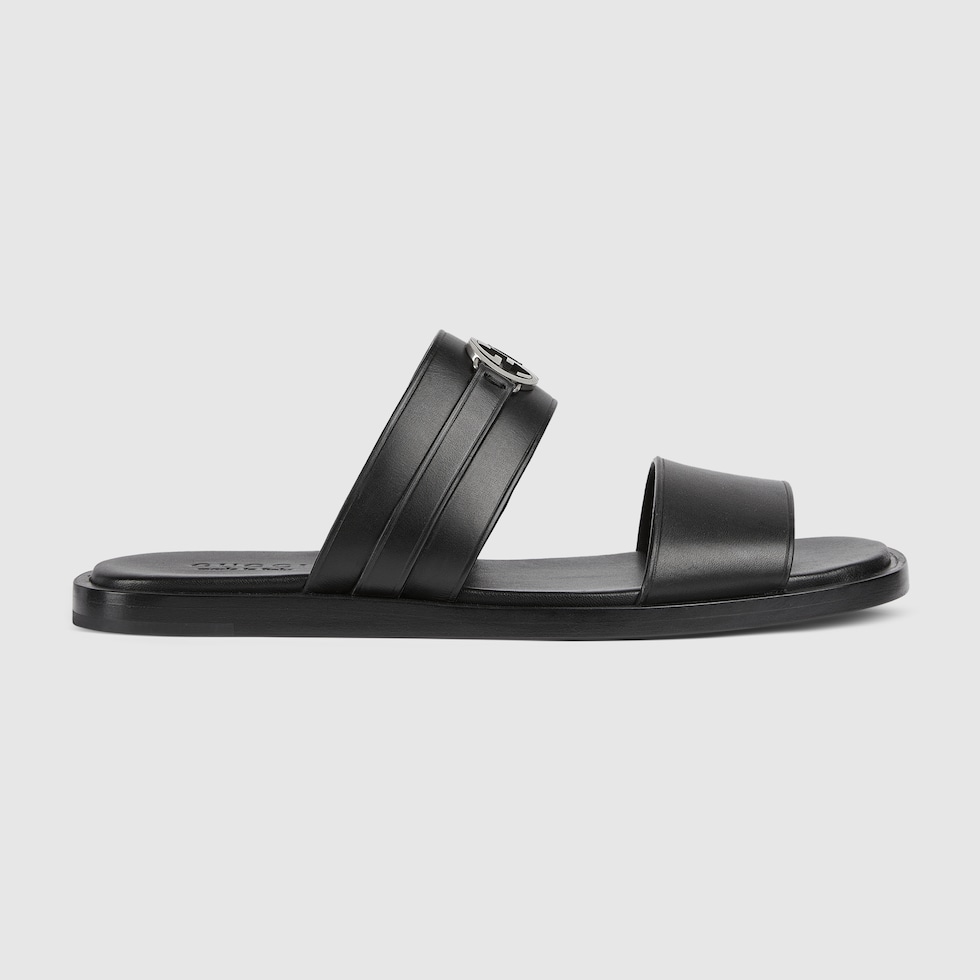 Sandales avec détail GG enlacés pour homme en cuir noir | GUCCI® CH