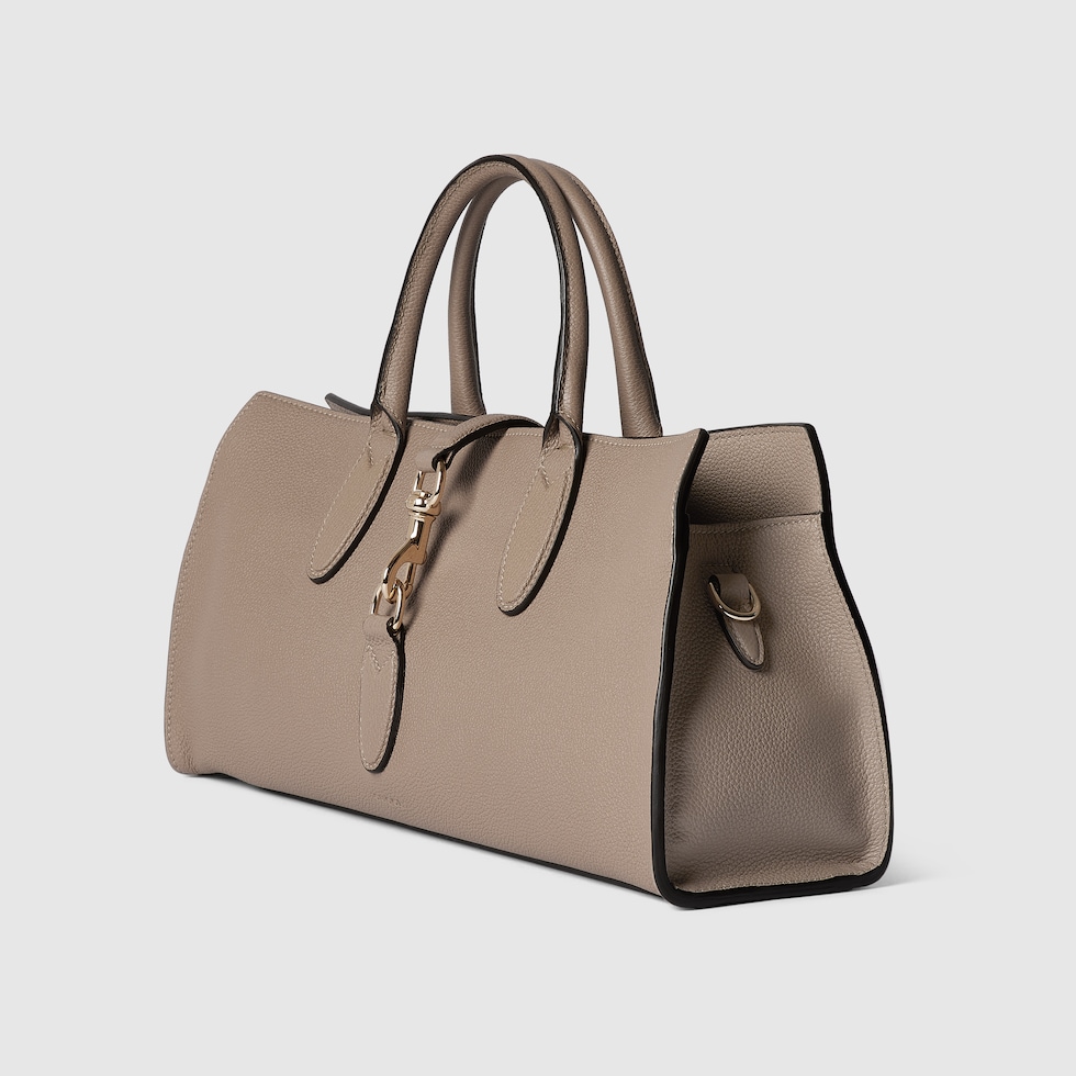 Medium tote bag with hook closure in beige leather | GUCCI® GR
