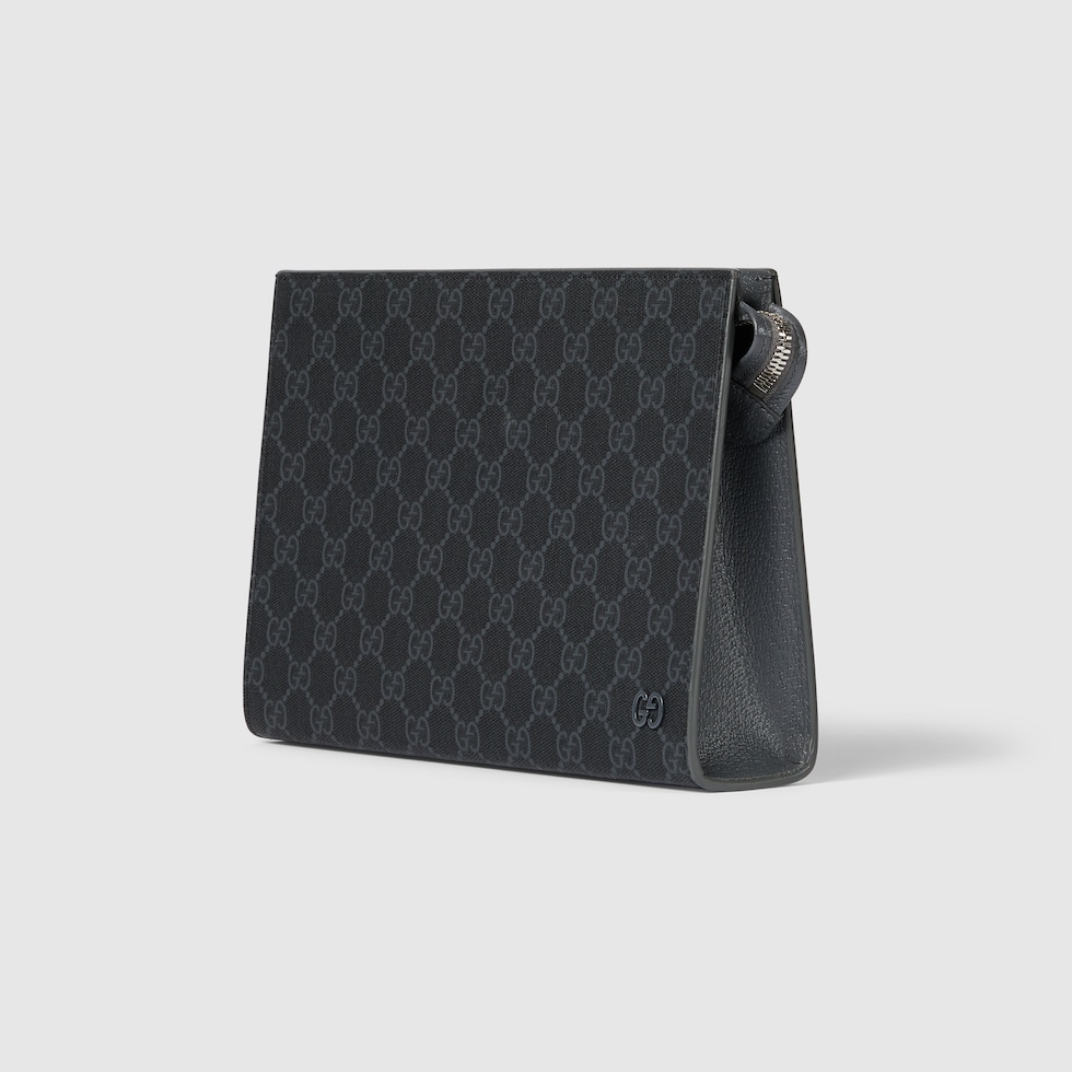 Grey trim small pouch in black GG Supreme canvas | GUCCI® CA