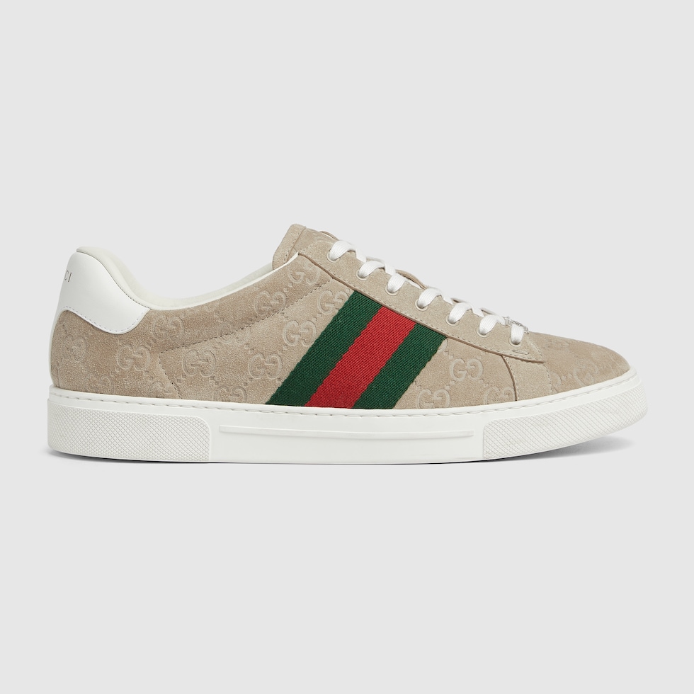 Men's Gucci Ace trainer with Web in oatmeal GG suede | GUCCI® Canada