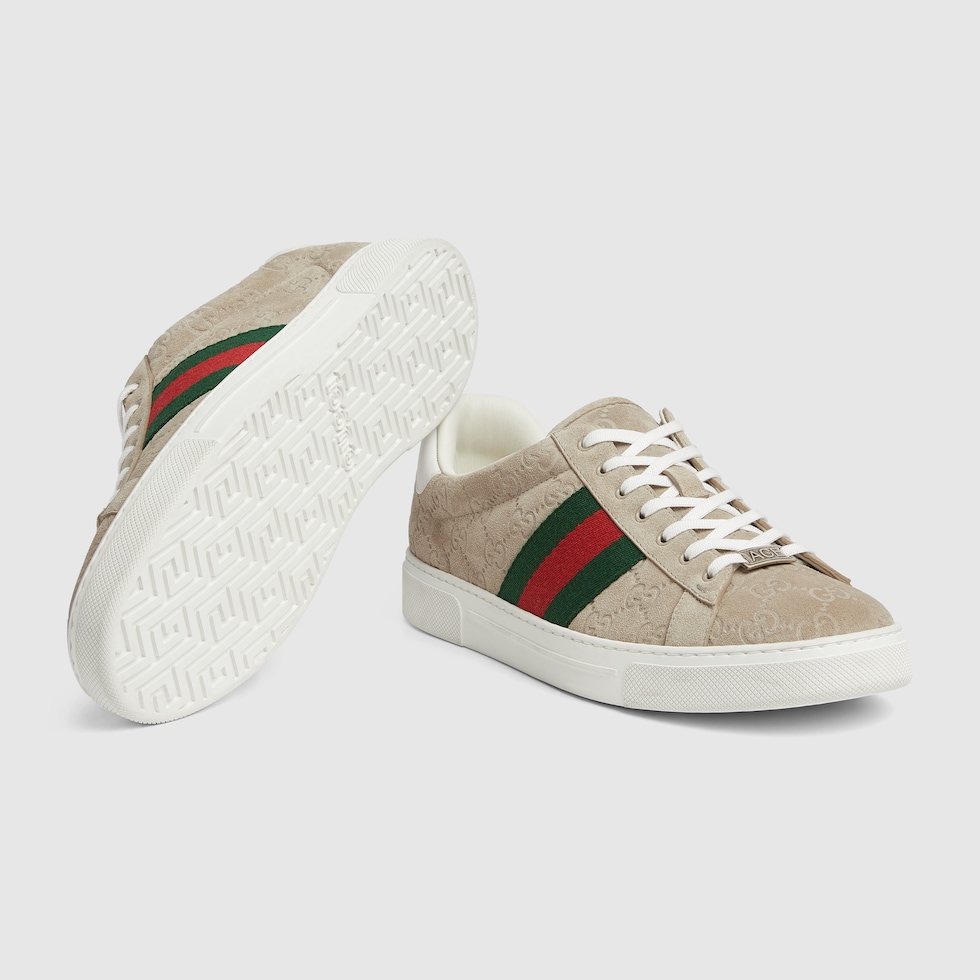 Men's Gucci Ace trainer with Web in oatmeal GG suede | GUCCI® Canada