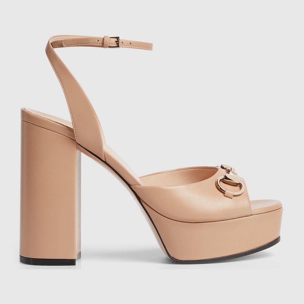 Women's Horsebit platform sandal in rose beige leather | GUCCI® US