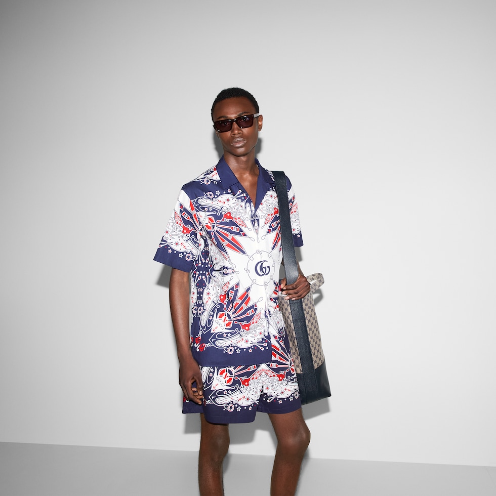 Double G bandana print cotton shirt in white and dark blue | GUCCI® UK