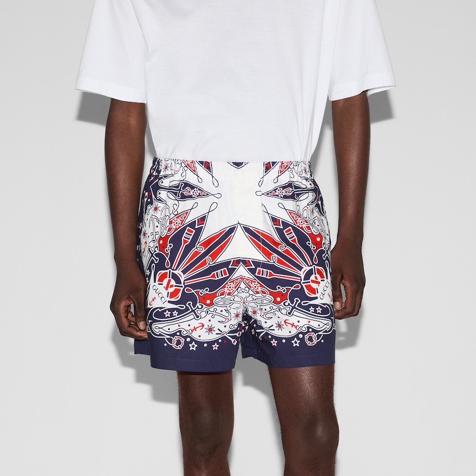 Gucci bandana print cotton short in white and dark blue | GUCCI® NL