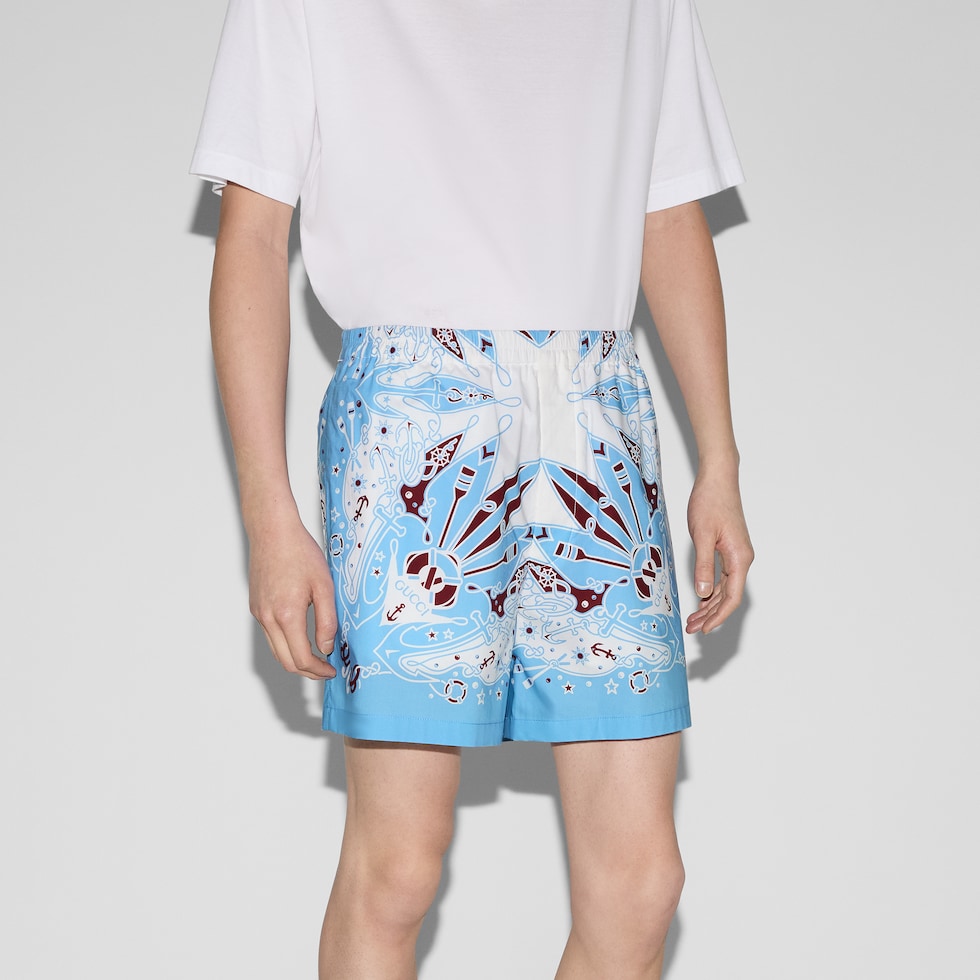Gucci bandana print cotton short in white and light blue | GUCCI® ZA
