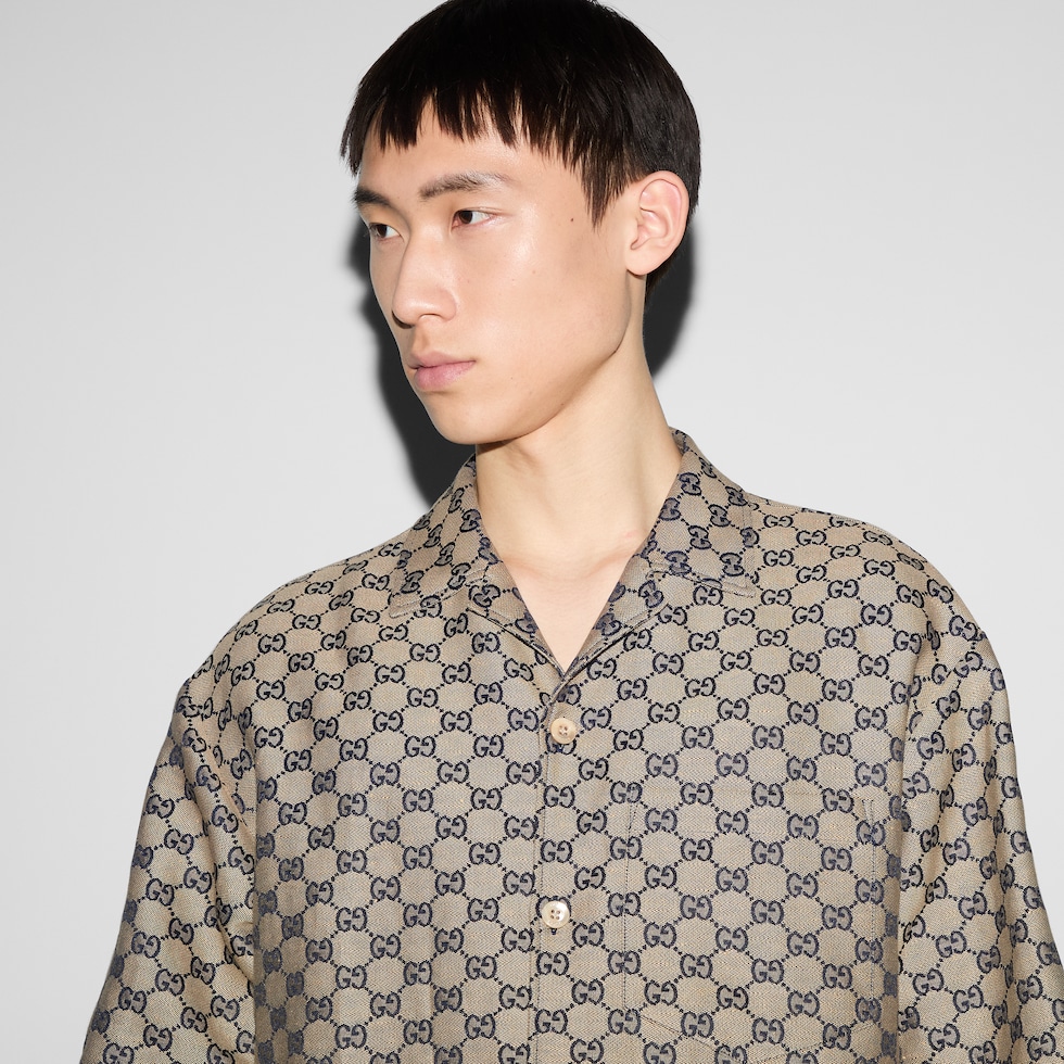 Camisa de lona GG con mezcla de lino inbeige y azul | GUCCI® MX