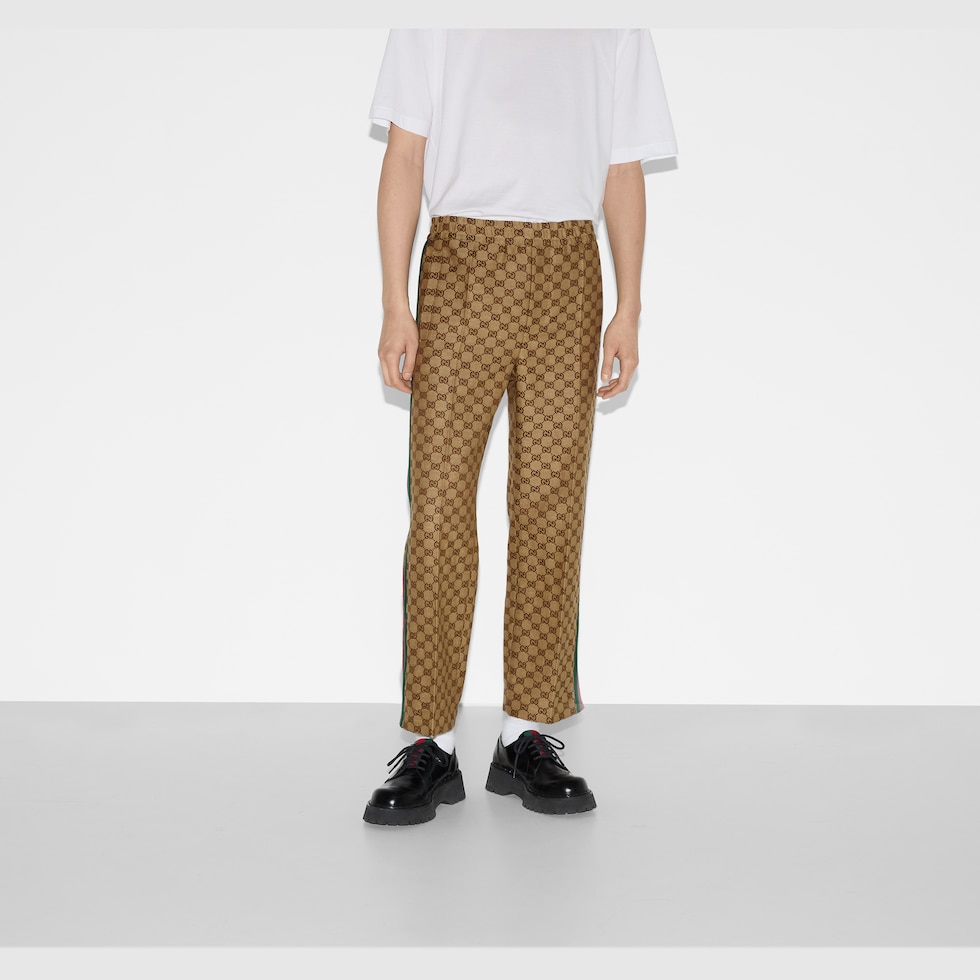 Pantalon de jogging en toile en mélange de lin GG en camel et ébène ...