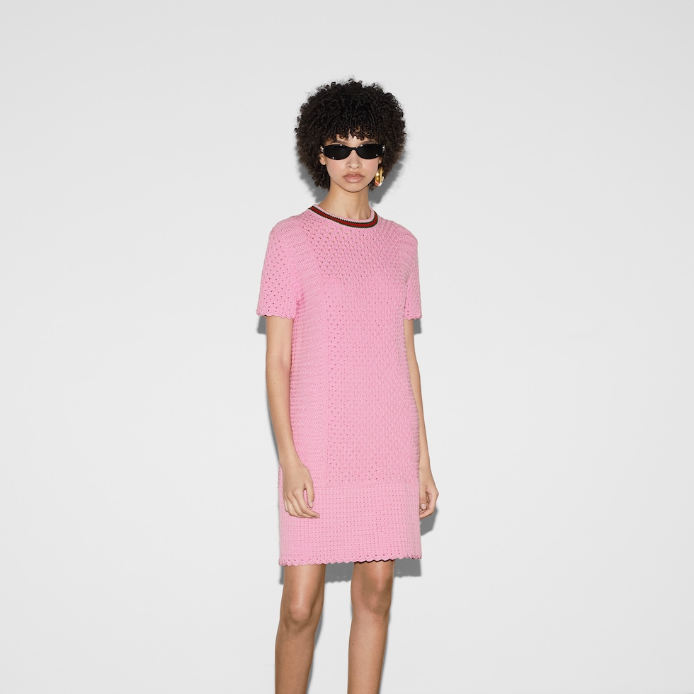 Crochet-effect cotton dress with Web in pink | GUCCI® PT