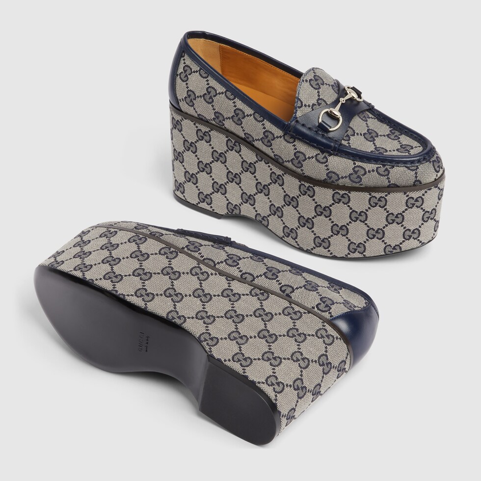 Women's Gucci Horsebit platform loafer in beige and blue Original GG ...