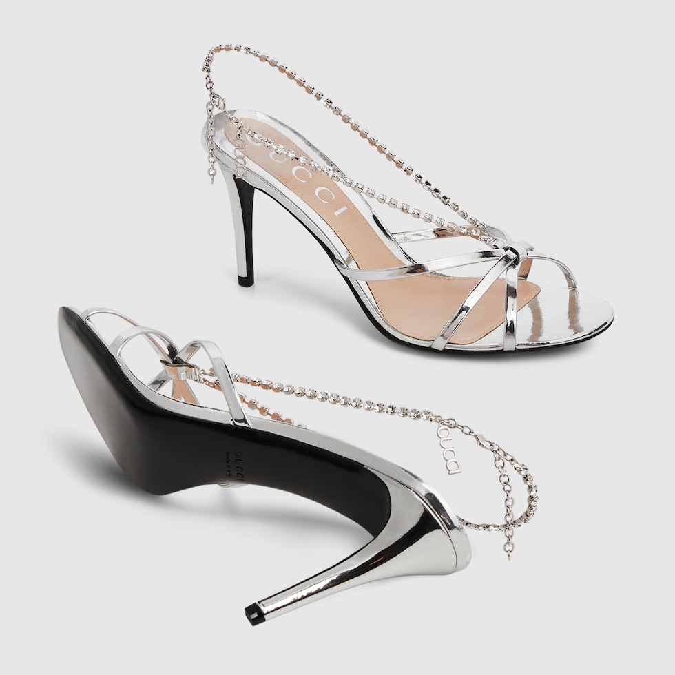 Women's crystal chain sandal in metallic silver leather | GUCCI® AE