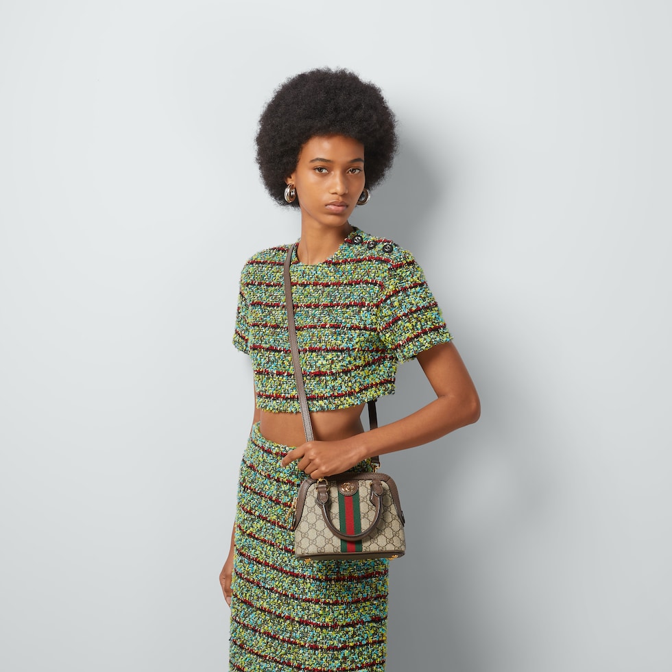 Ophidia mini top handle bag in beige and ebony canvas | GUCCI® SG