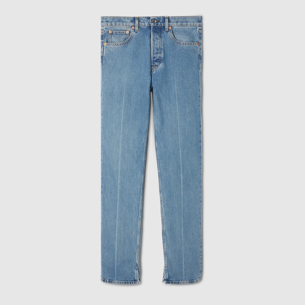 Straight leg denim pant with label in blue | GUCCI® NL