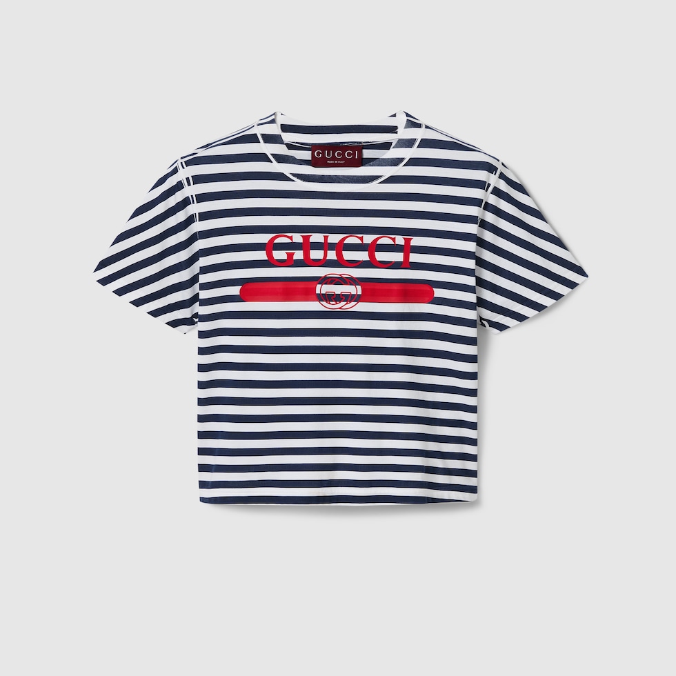 Striped cotton jersey T-shirt with Gucci print in blue and white ...