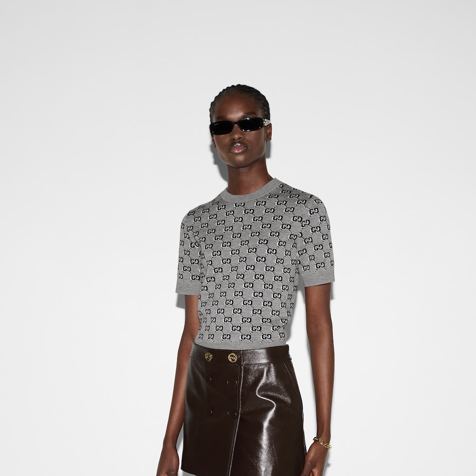 Wool jacquard top with GG Shadow in grey and multicolor | GUCCI® AE