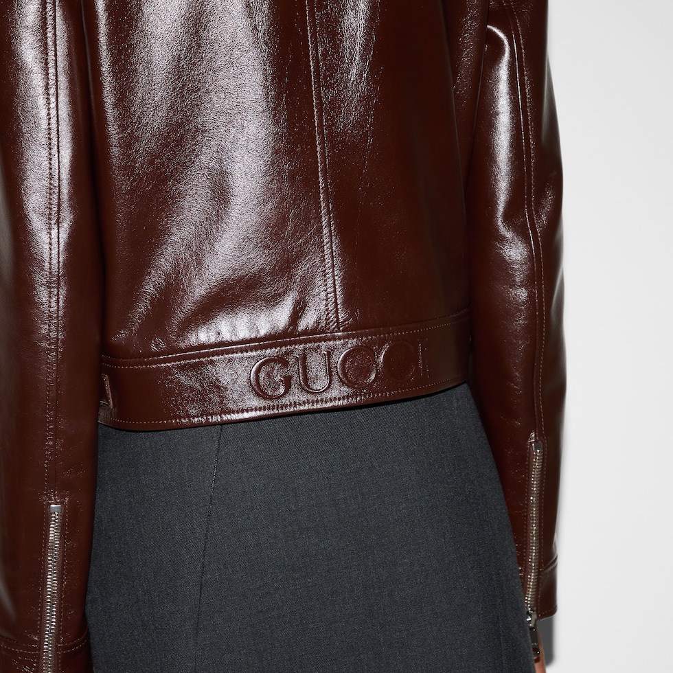 Leather biker jacket with debossing in brown | GUCCI® PT