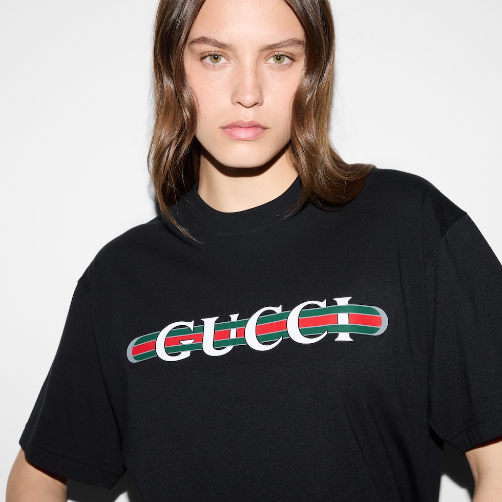 Printed cotton jersey T-shirt in black | GUCCI® TH
