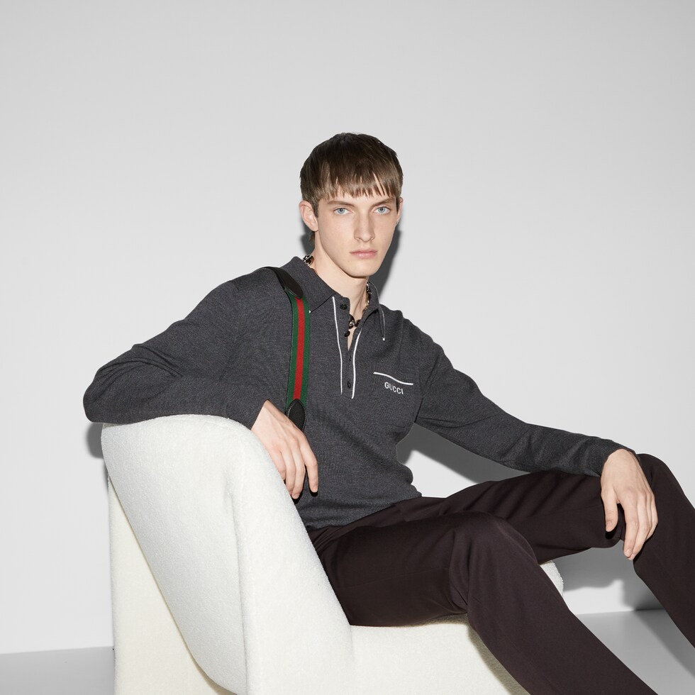Knit wool long sleeve polo top in grey | GUCCI® SG