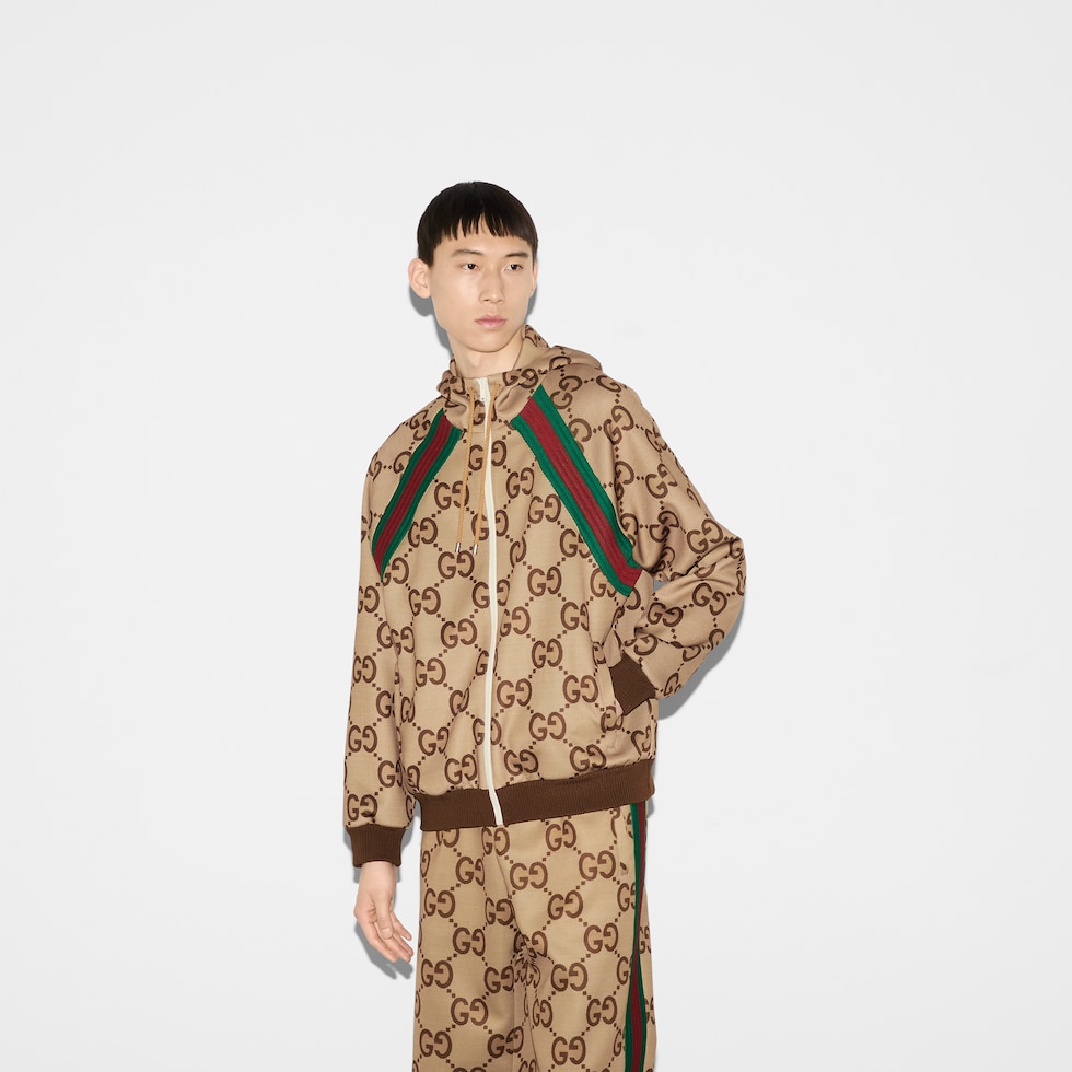 Jumbo GG zip jacket with Web in beige and ebony | GUCCI® UK