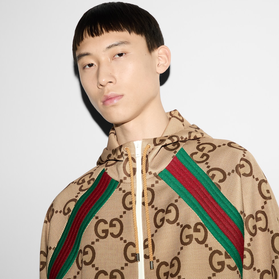 Jumbo GG zip jacket with Web in beige and ebony | GUCCI® UK