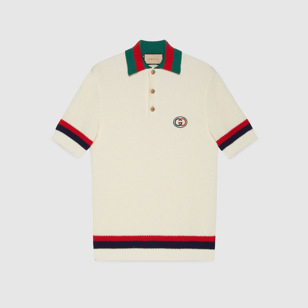 Knit cotton polo shirt with Web in ivory | GUCCI® TR
