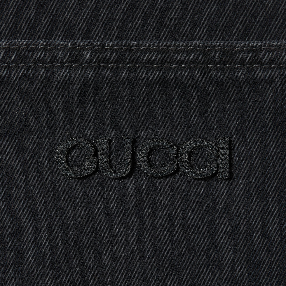 Denim shirt with Gucci embroidery in dark grey | GUCCI® TH