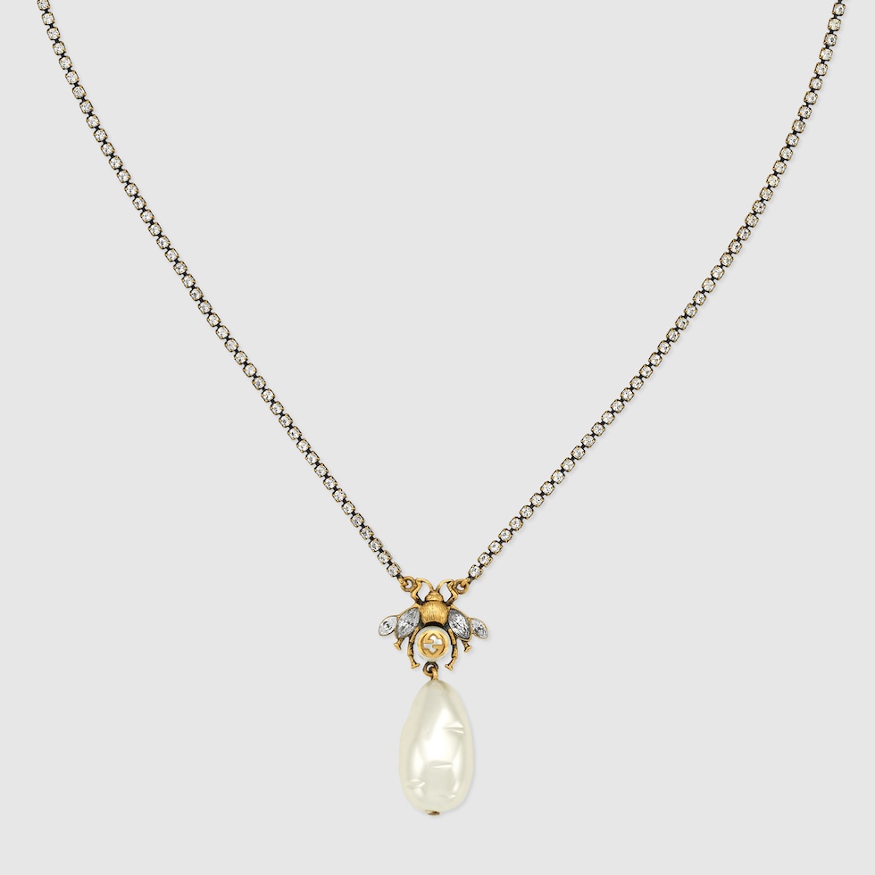 Bee Necklace With Pearl In Aged Gold Metal | GUCCI® SG