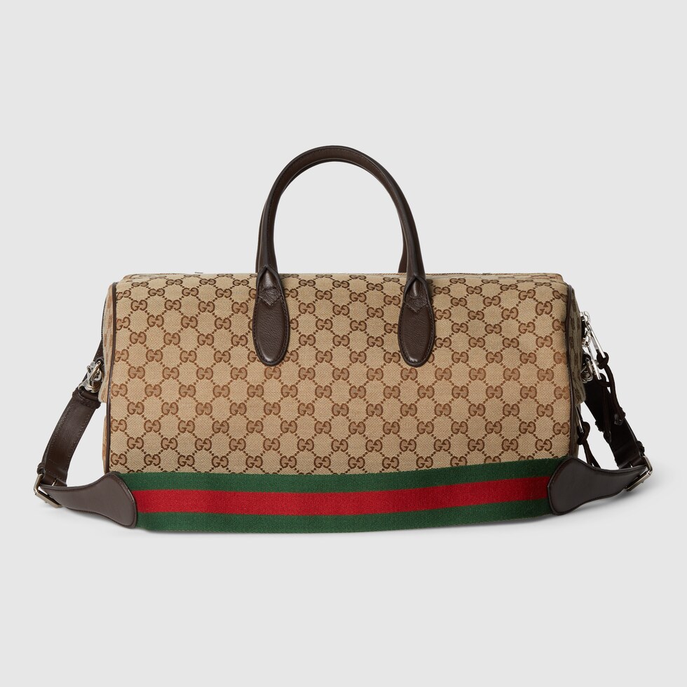 GG canvas small duffle bag in beige and dark brown GG canvas | GUCCI® SG