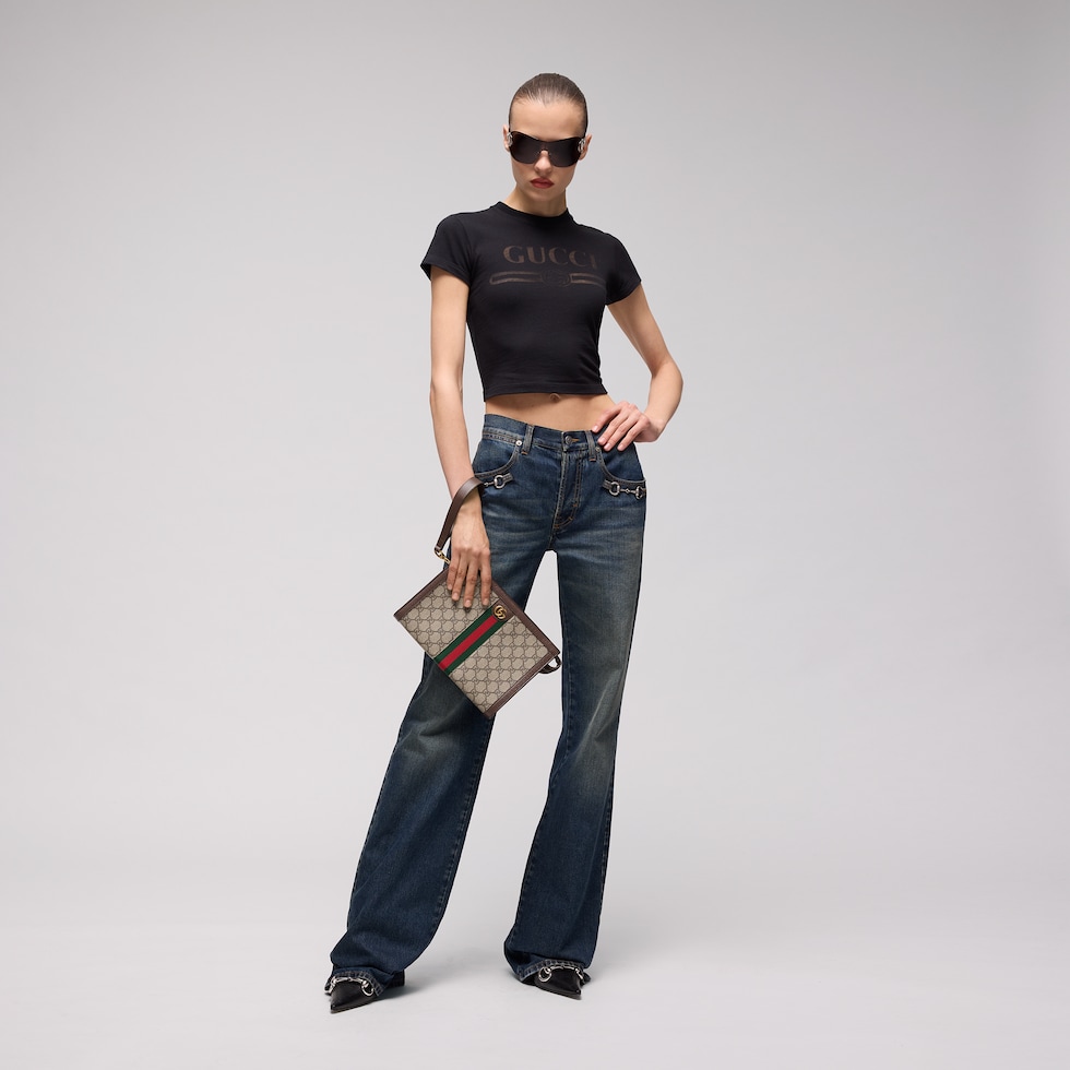Ophidia medium pouch in beige and ebony Supreme | GUCCI® US