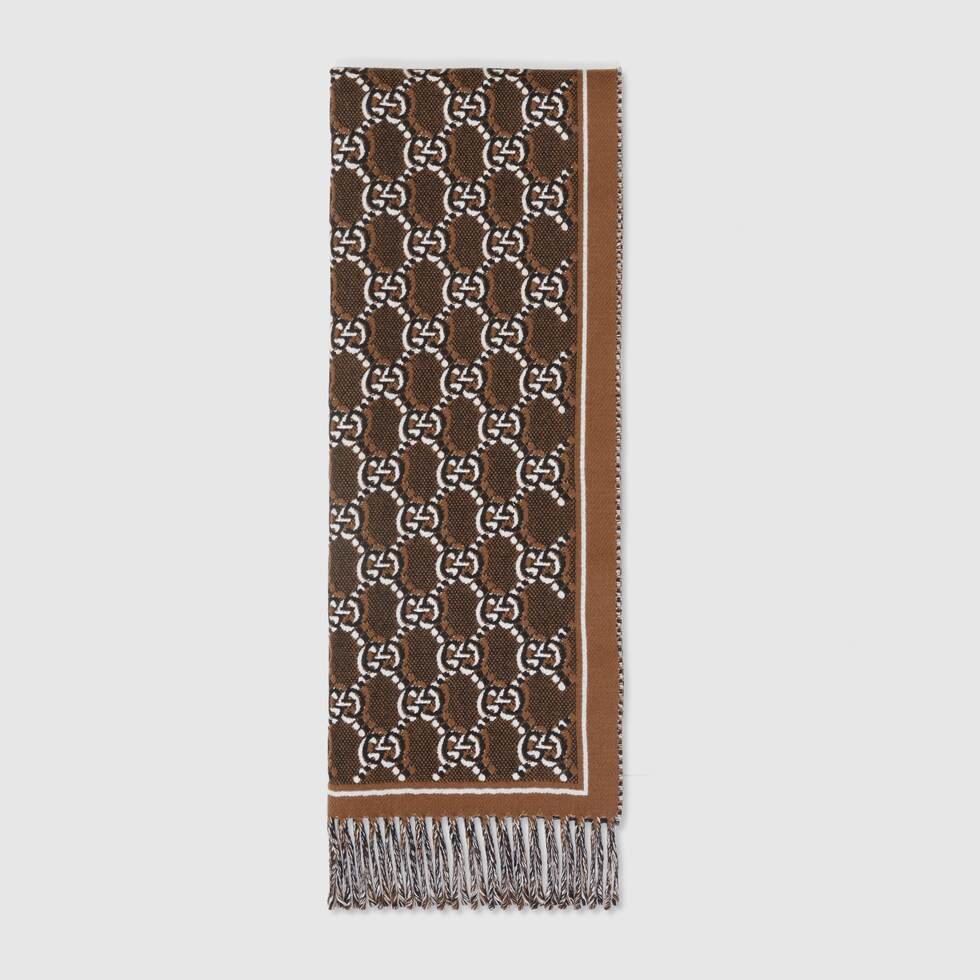 Wool jacquard scarf with GG Shadow in brown and camel | GUCCI® ZA
