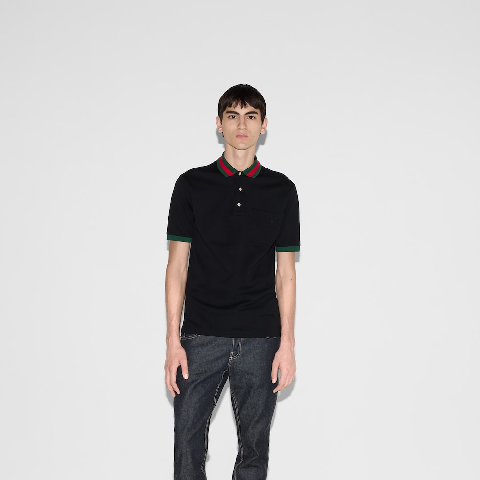 Polo in piquet di cotone con colletto Web in nero | GUCCI® IT