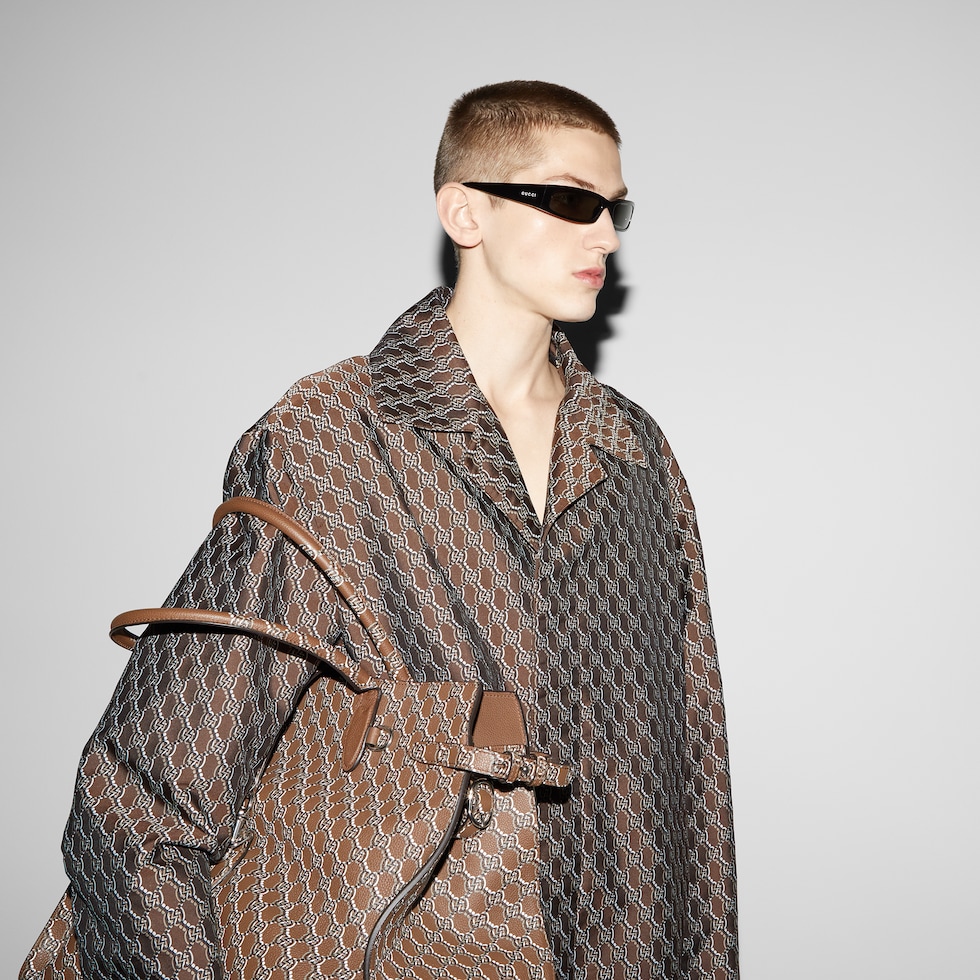 Nylon jacquard coat with GG Shadow in brown and white Nylon jacquard coat with GG Shadow in brown and white
