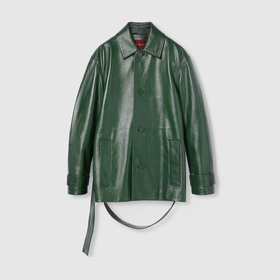Shiny leather trench coat in dark green | GUCCI® AE