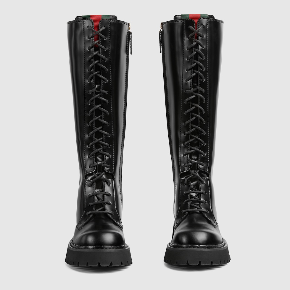 Women's boot with Web in black shiny leather | GUCCI® AE