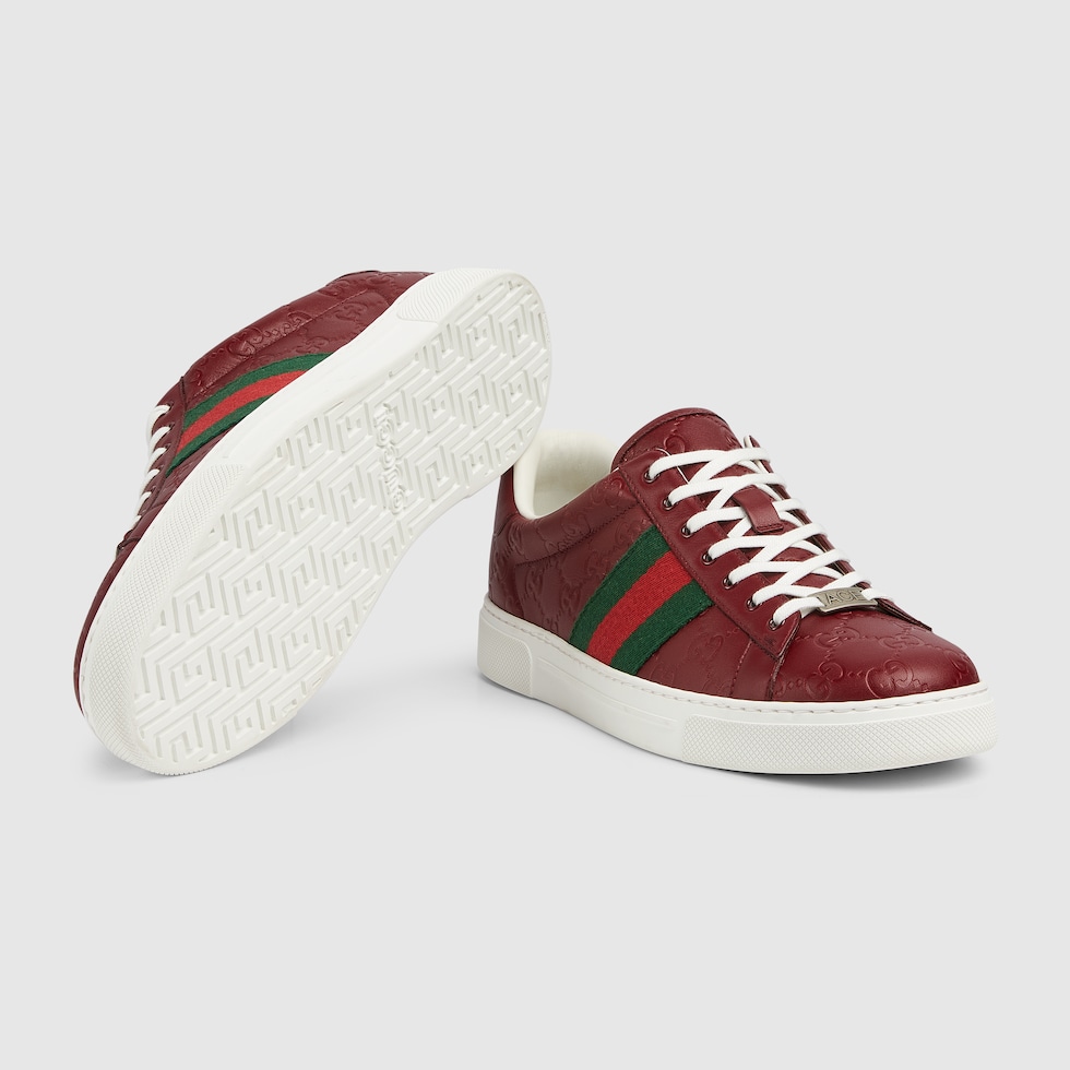 Men's Gucci Ace sneaker with Web in Rosso Ancora leather | GUCCI® AE