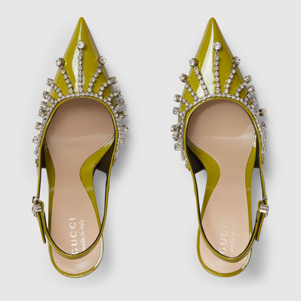 Women's pump with crystal chain in olive green patent Women's pump with crystal chain in olive green patent