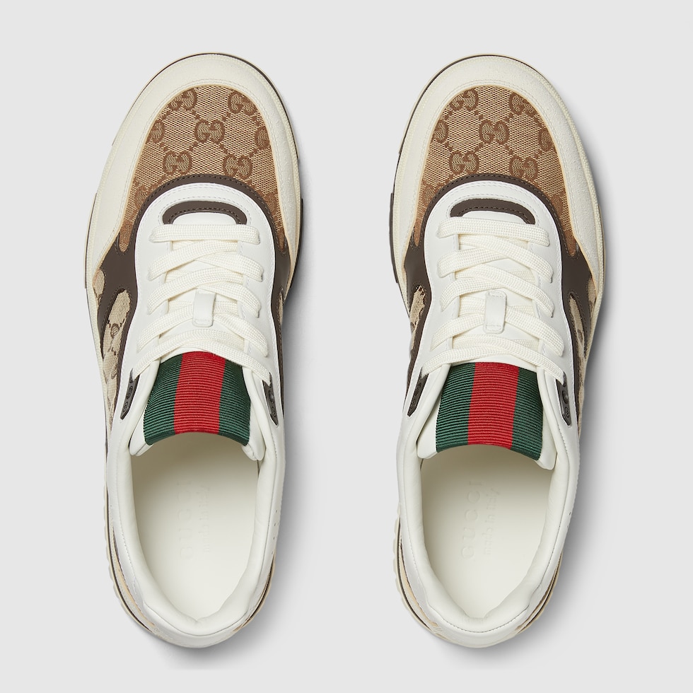 Men's Gucci Re-Web trainer in beige and ebony GG canvas | GUCCI® Australia