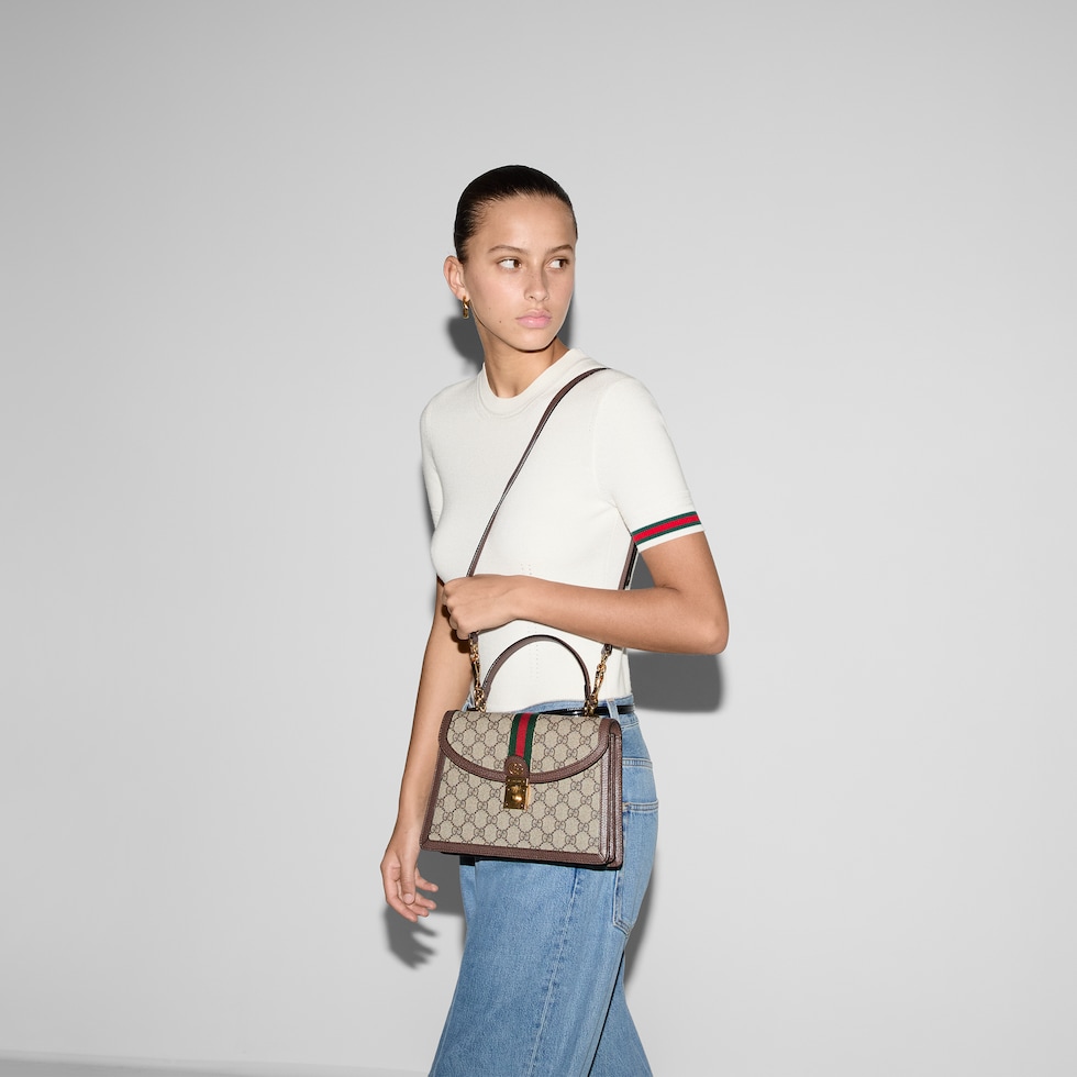 Ophidia small top handle bag with Web in beige and ebony GG Supreme ...