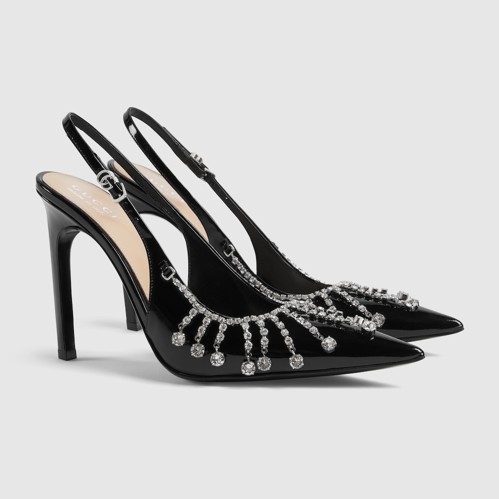 Escarpins avec chaîne en cristaux pour femme en cuir verni noir | GUCCI® FR