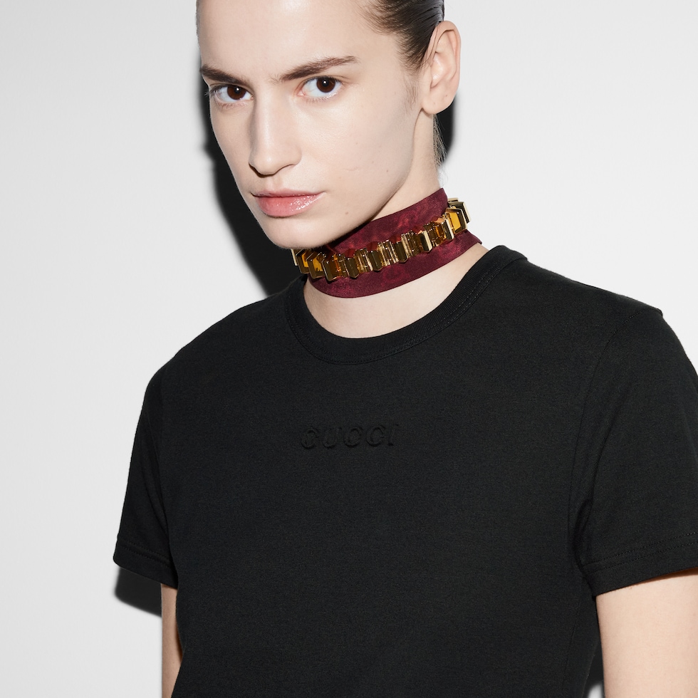Cotton jersey T-shirt with embroidery in black | GUCCI® ZA