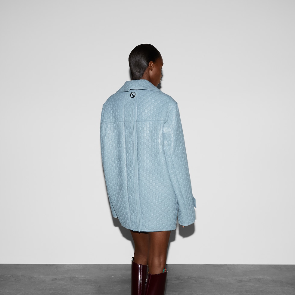 GG embossed leather coat in light blue | GUCCI® TR