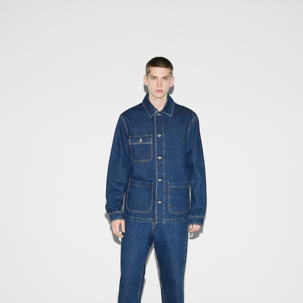 Lasered denim jacket in blue | GUCCI® UK