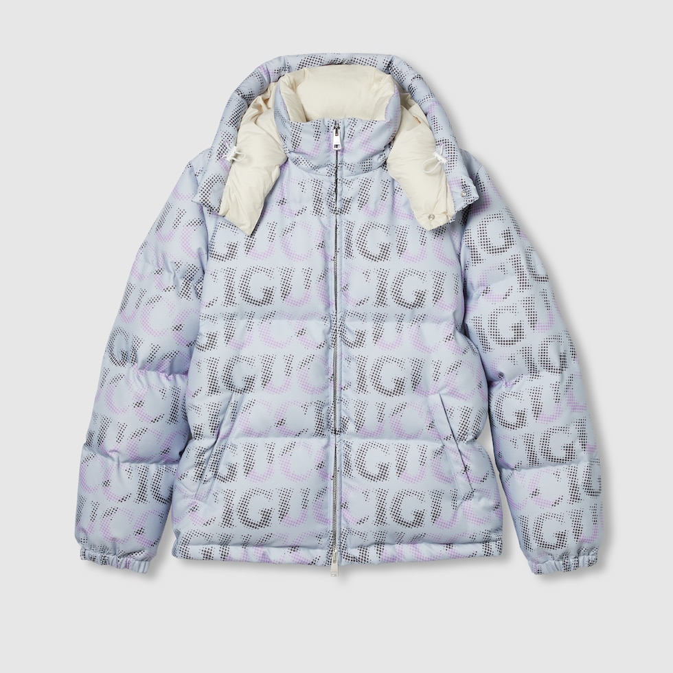 Nylon puffer down jacket in light blue and lilac | GUCCI® CZ