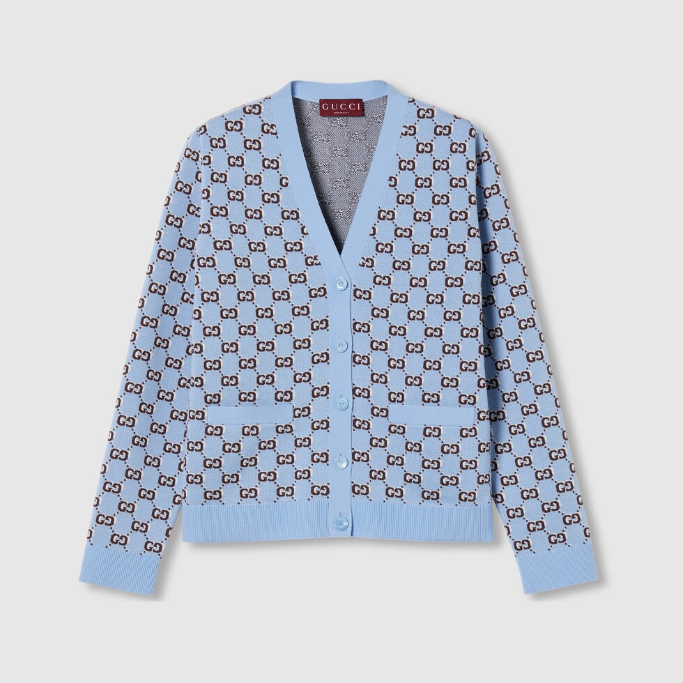Wool jacquard cardigan with GG Shadow in blue and multicolour | GUCCI® UK