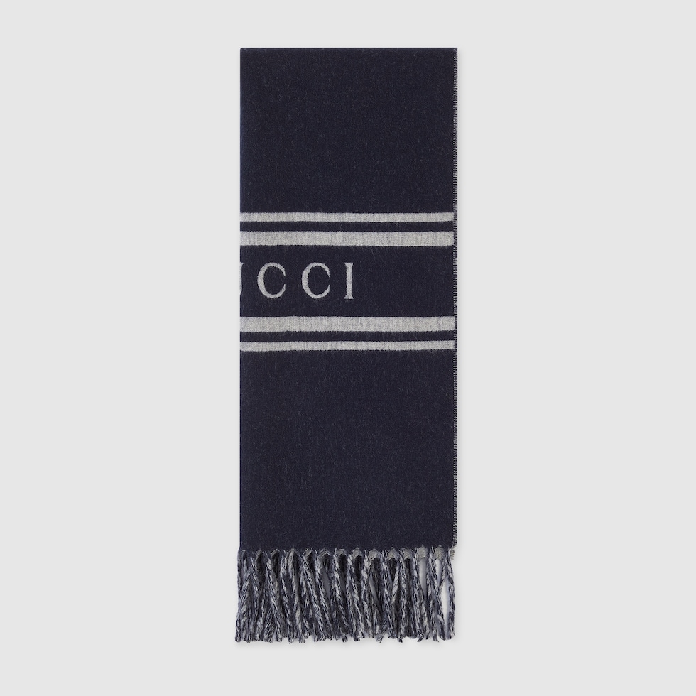 Wool cashmere scarf with Gucci logo in navy and grey | GUCCI® GR Wool cashmere scarf with Gucci logo in navy and grey | GUCCI® GR