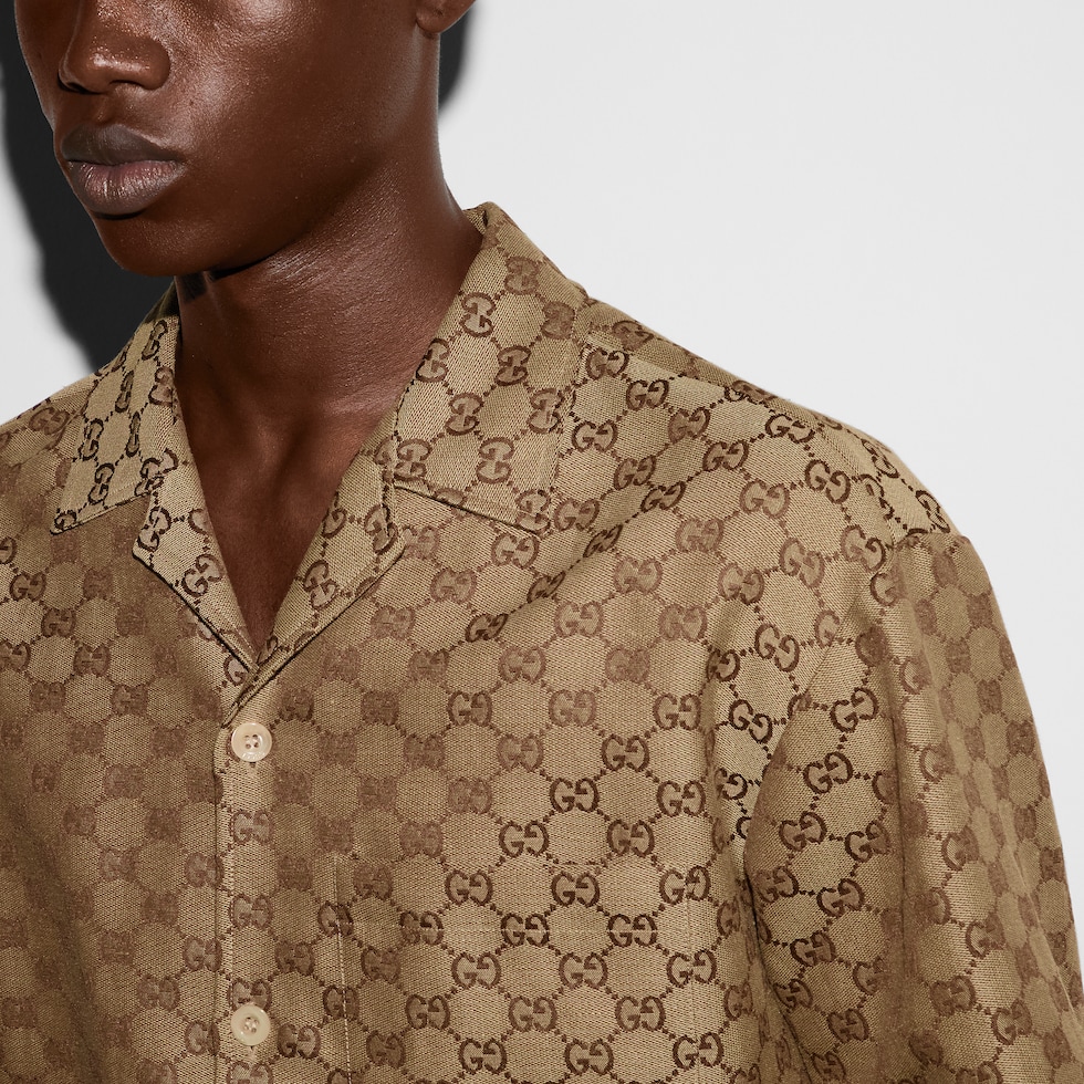 GG linen blend canvas shirt in camel and ebony | GUCCI® US
