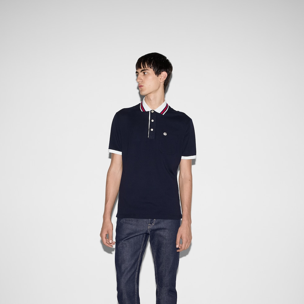 Polo in piqué di cotone con Doppia G in blu navy | GUCCI® Italia