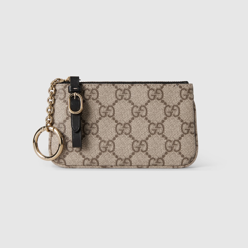 GG Emblem key pouch in beige and dark brown fabric | GUCCI® DK